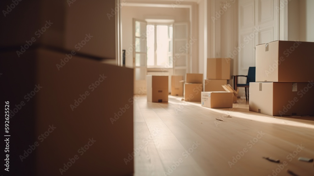 ภาพประกอบสต็อก Clean empty room with stack of cardboard boxes, moving ...
