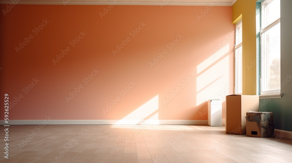 Clean empty room with stack of cardboard boxes, moving into a new house ...