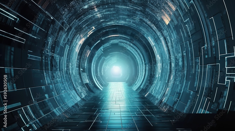 Digital cyberspace tunnel abstract background with copy space. Blue ...