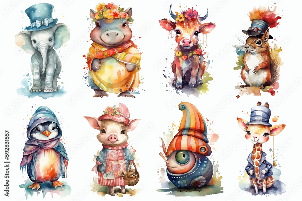 Safari Animal set hippopotamus, giraffe, elephant, snail, pig, penguin ...