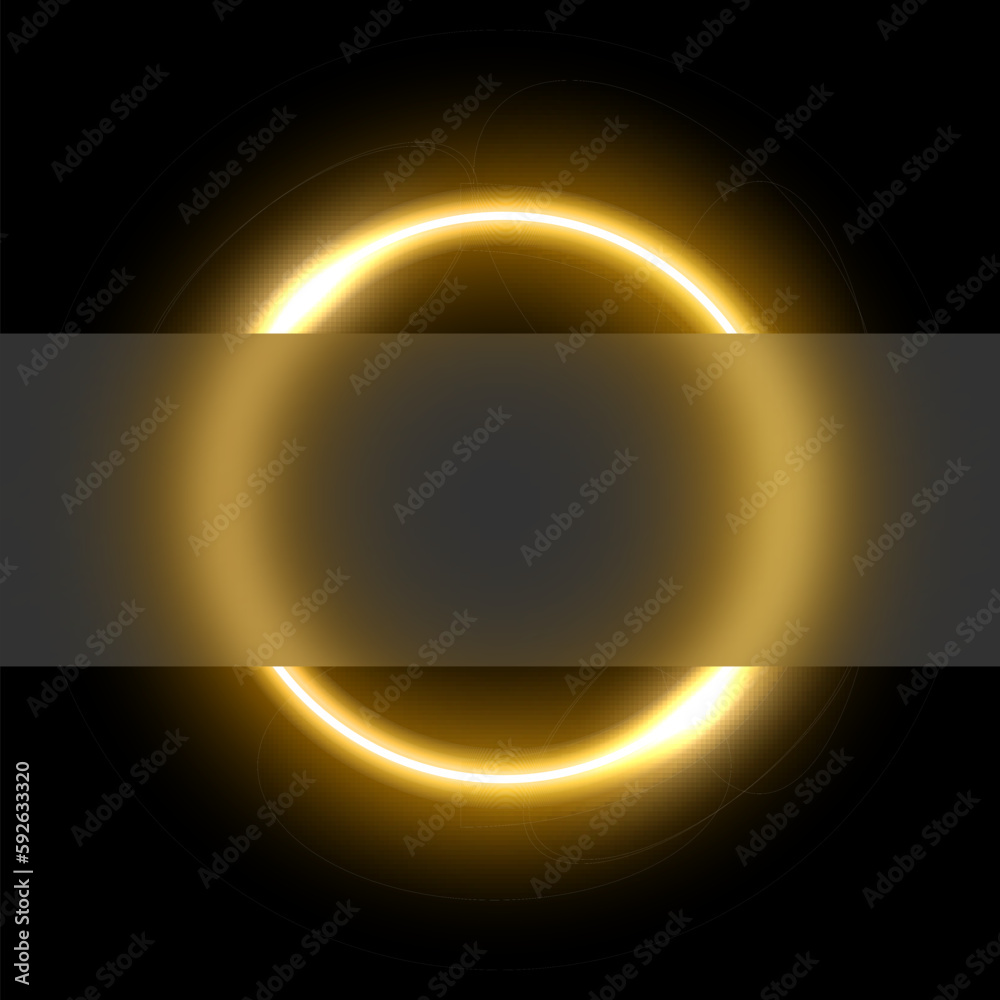 Neon yellow light circle with blurred glass rectangle on black ...
