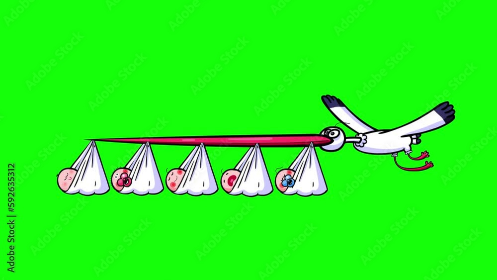 Cartoon long bill stork bringing quintuplets animation isolated. Big ...