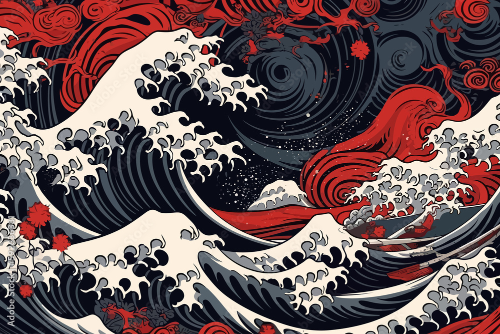 An ancient great Japanese wave illustration.Traditional oriental ...