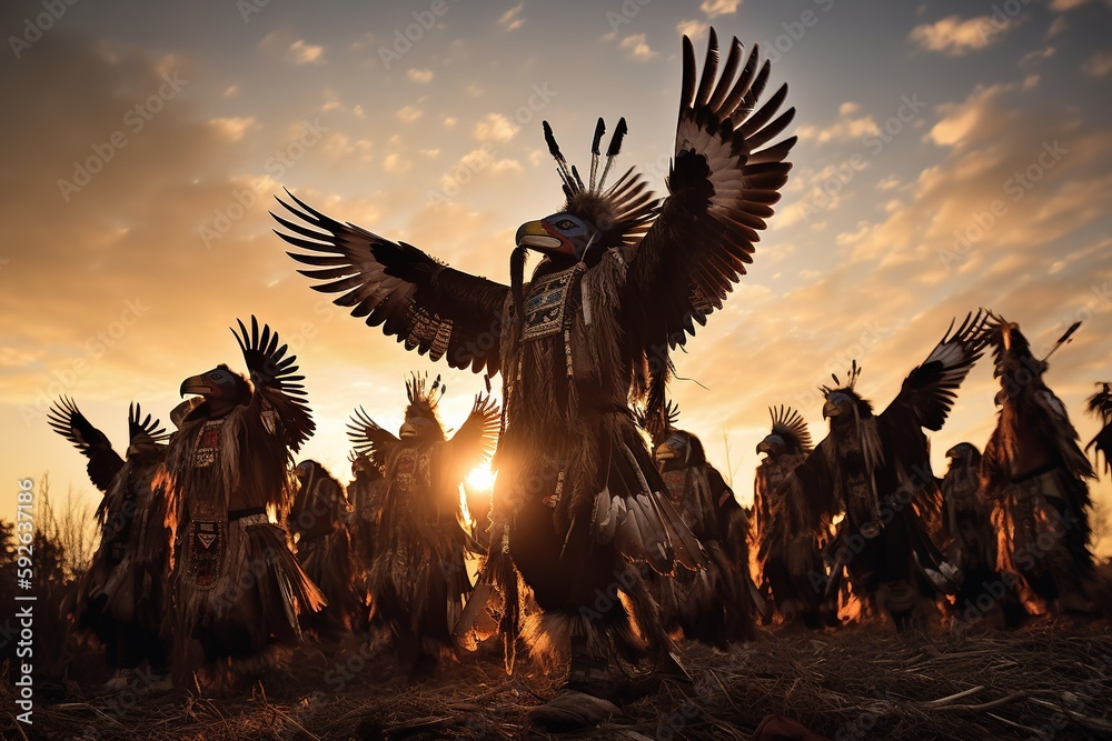Native American Dancers performing a ceremonial eagle dance, arms outstretched and heads tilted ...