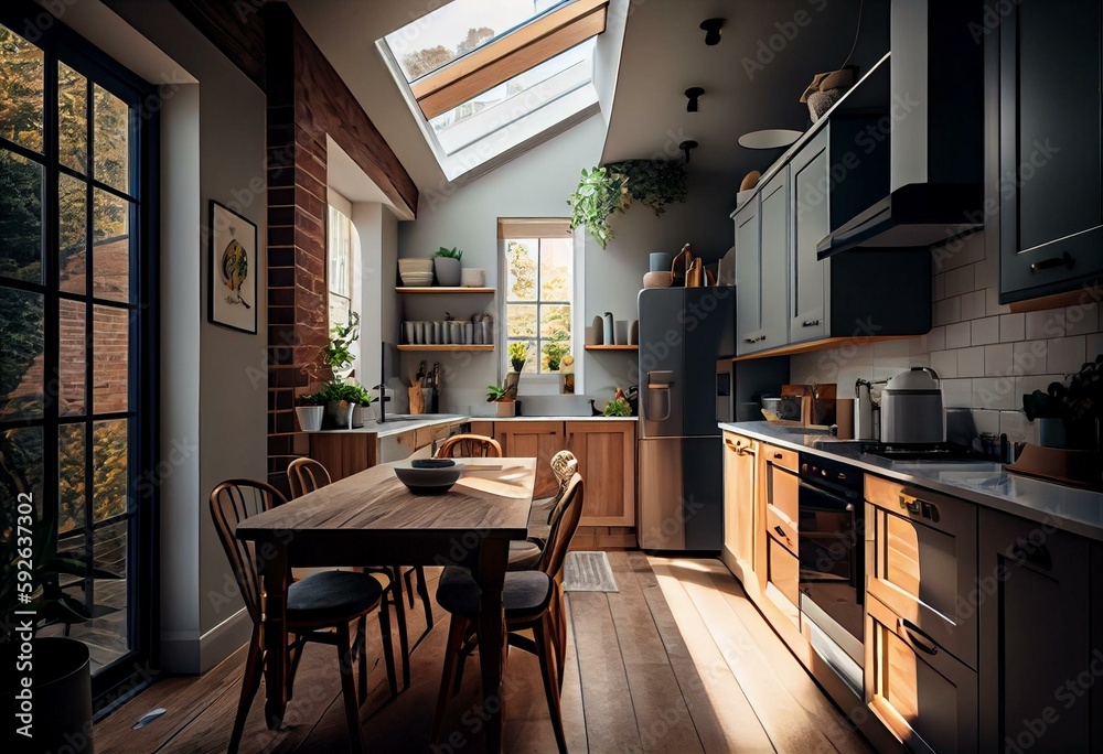 a kitchen with a skylight and a table and chairs in it and a window in ...