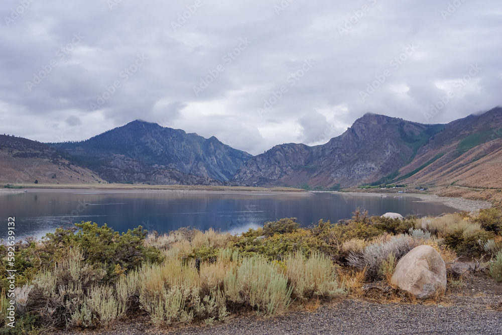 Panoramic view of the Grant lake on the June Lake Loop in Sierra Nevada ...