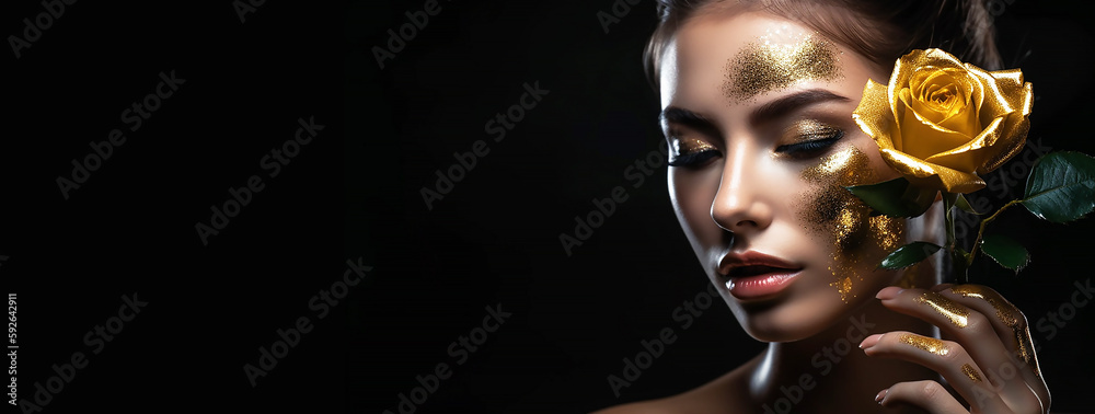 Beautiful model with a golg rose. Perfect woman face gold makeup close ...