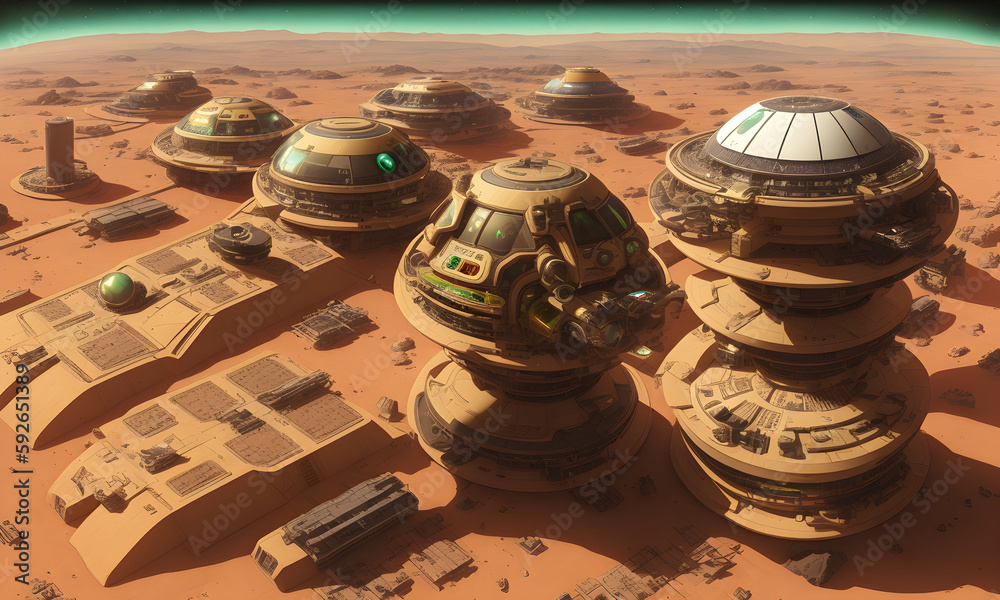 A high tech solarpunk utopia at the mars with futuristic buildings and ...