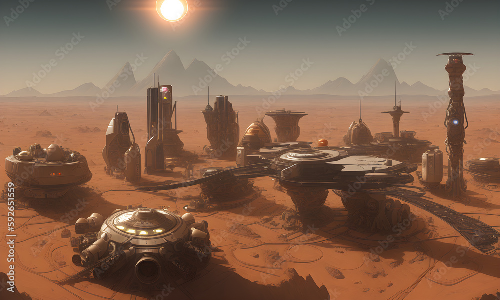 A high tech solarpunk utopia at the mars with futuristic buildings and ...