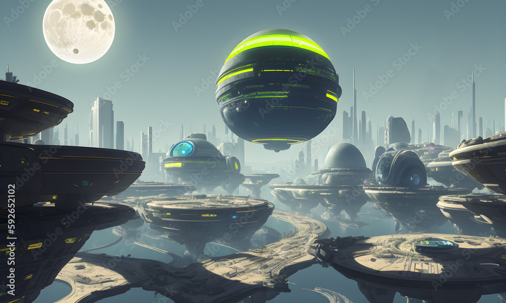 A high tech solarpunk utopia city / metropolis at an alien planet in ...