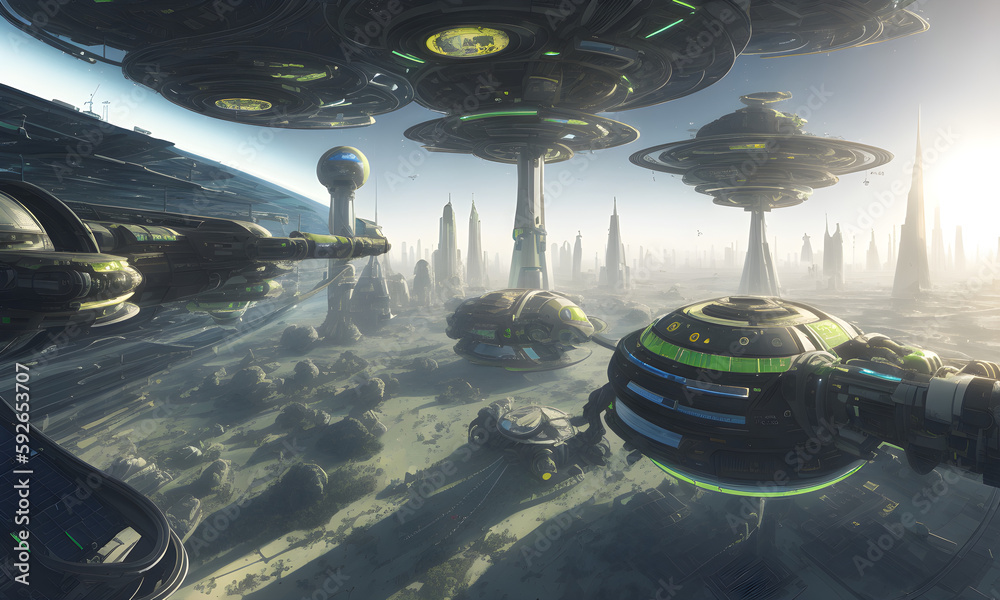A high tech solarpunk utopia city in space with alien planets in the ...