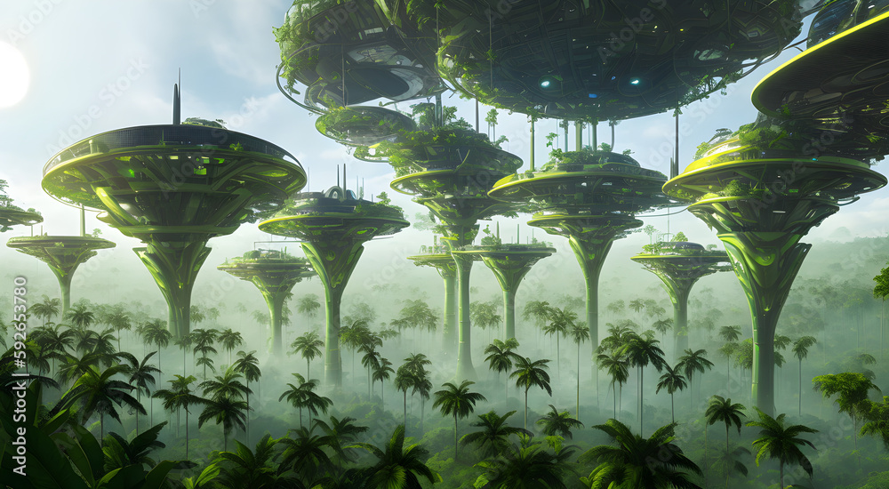 A high tech solarpunk utopia city / metropolis in the amazon in the ...