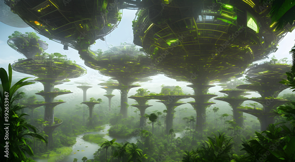 A high tech solarpunk utopia city / metropolis in the amazon in the ...