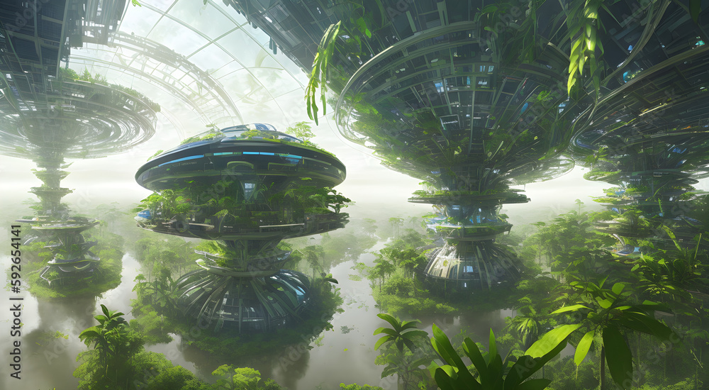 A high tech solarpunk utopia city / metropolis in the amazon in the ...