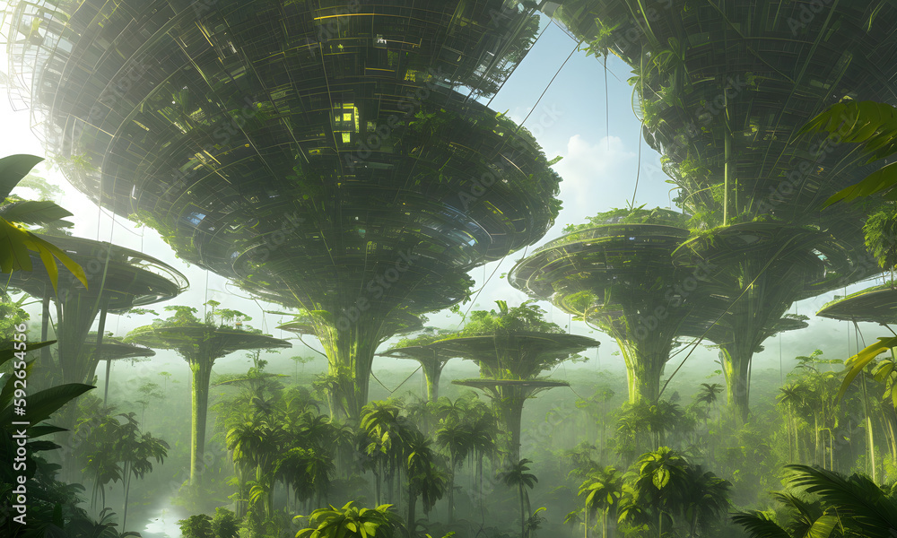 A high tech solarpunk utopia city / metropolis in the amazon in the ...