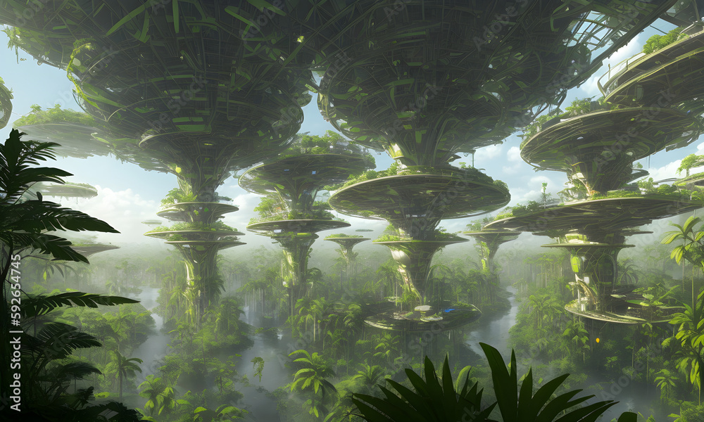 A high tech solarpunk utopia city / metropolis in the amazon in the ...