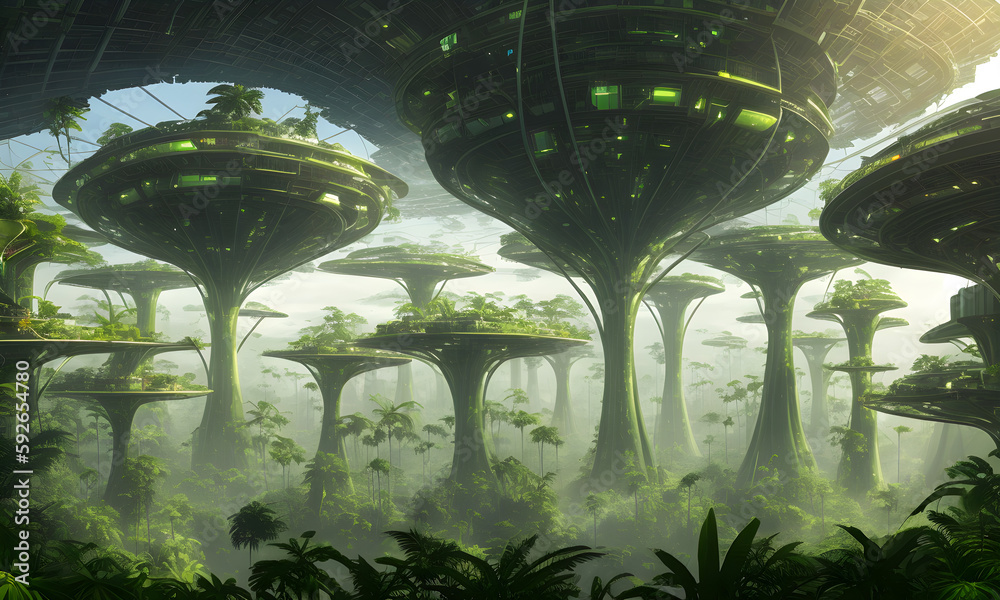 A high tech solarpunk utopia city / metropolis in the amazon in the future with rainforest ...