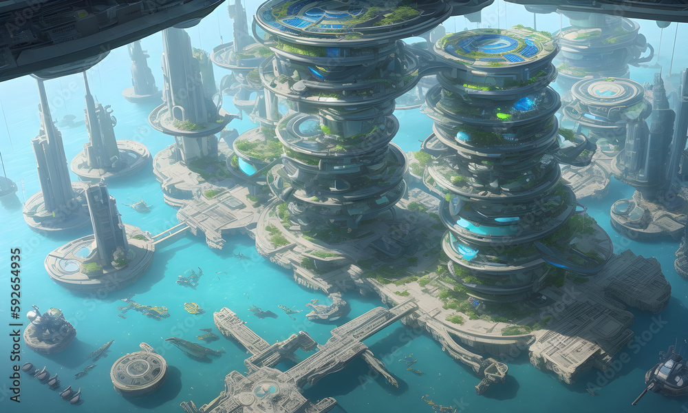 A high tech solarpunk utopia city / metropolis at the ocean, futuristic ...