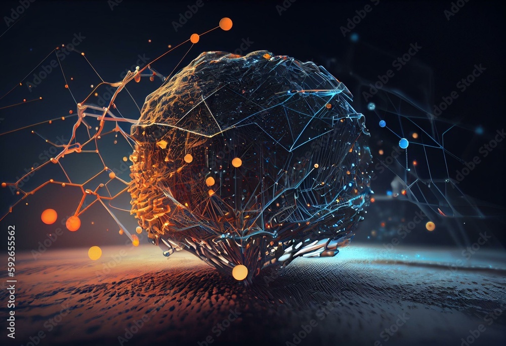Global network. Blockchain 3D illustration. Neural networks and artificial intelligence ...