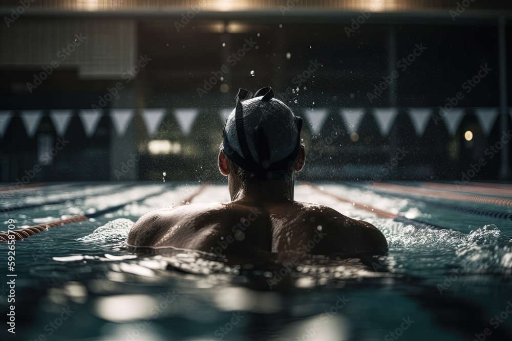 back view of muscular swimmer in swimming cap and goggles training at ...