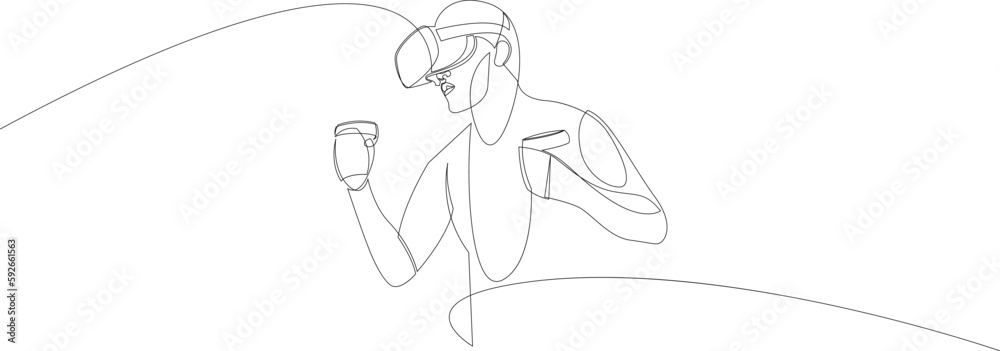 Man in virtual reality headset and motion controller one line art ...