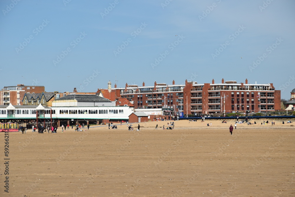 Seaside view with golden sand beaches and landmarks. Taken in Lytham ...