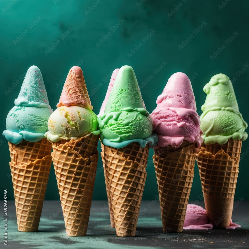 Multiple ice creams cones with scoops of natural, organic bio ice cream ...