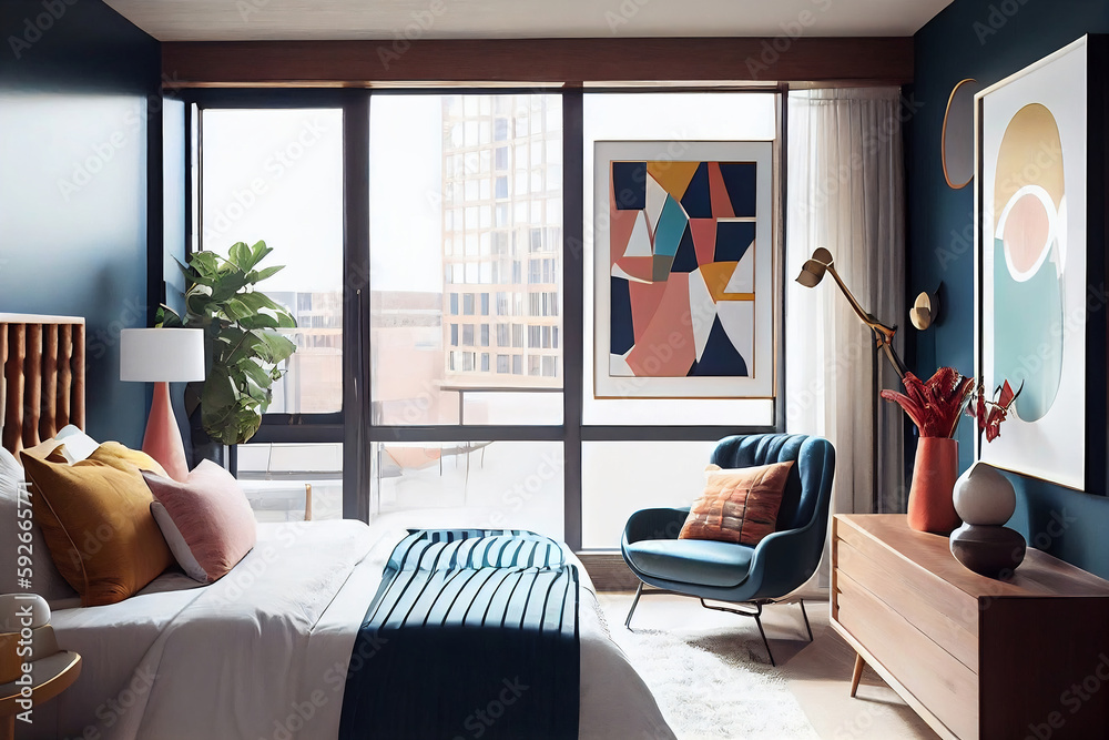 Bedroom with bed and big windows. Geometric patterns create stunning ...