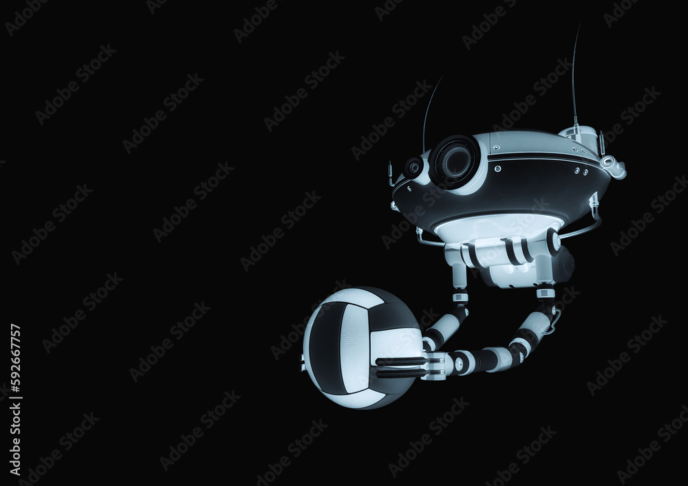 floating robot is holding volleyball ball in white background side view ...