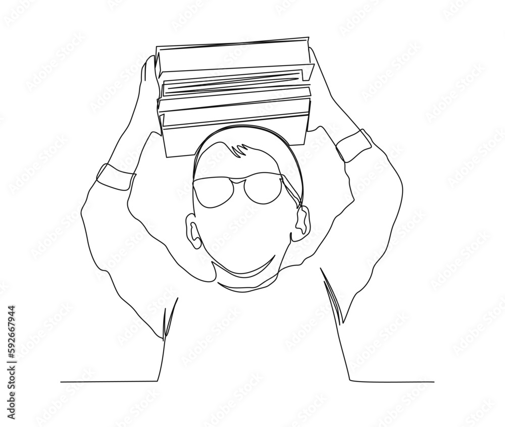 Continuous line art drawing of young boy holding books. A boy carrying ...