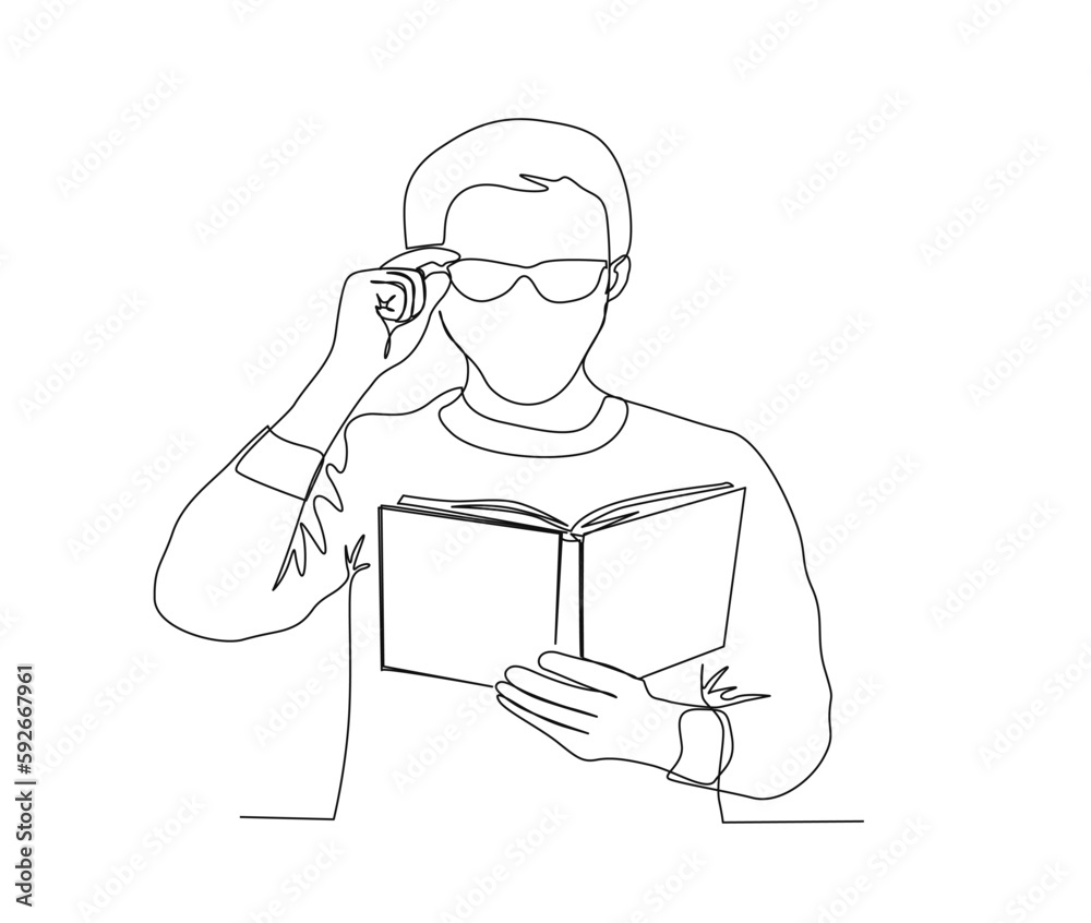 Continuous line art drawing of young man reading a book. A man holding ...