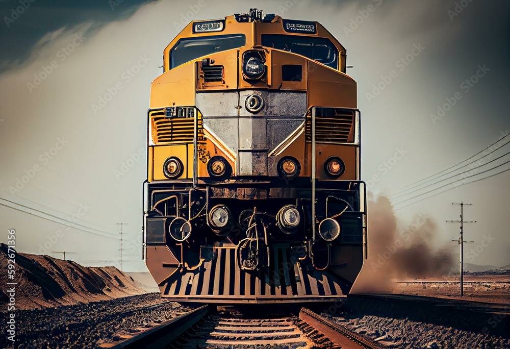 front view of diesel locomotive train engine on railway. generative ai ...