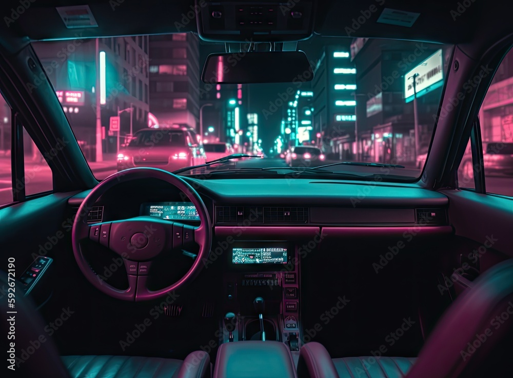 Car speed drive on the road in night city. Retro wave neon noir lights ...