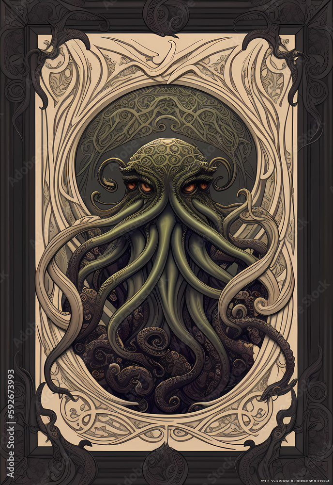 An intricate art nouveau edges frame with a Cthulhu monster with ...