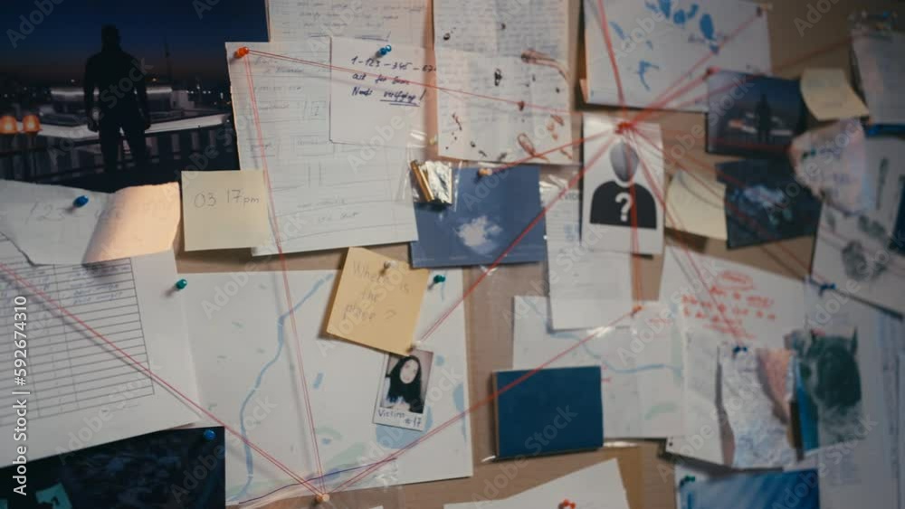 Investigation board with crime scene photos, trying to solve crime ...