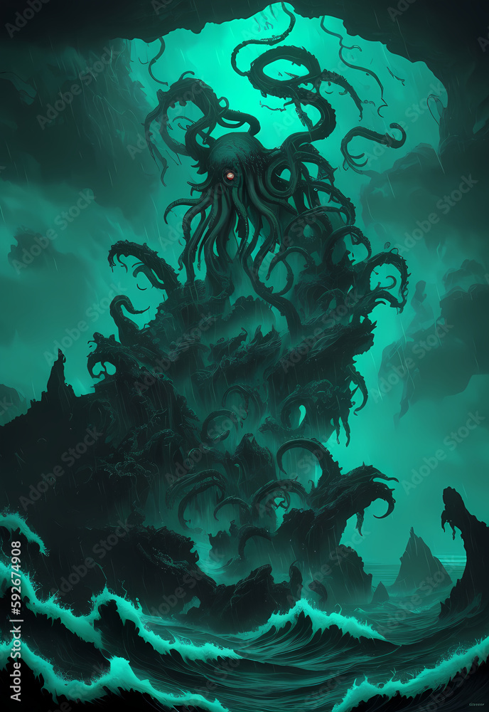 A Cthulhu-like monster with tentacles rising from the sea. At night in ...