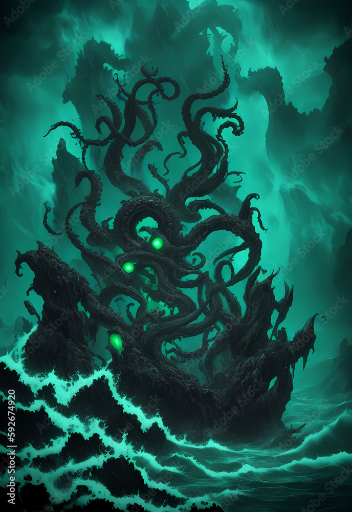 A Cthulhu-like monster with tentacles rising from the sea. At night in ...