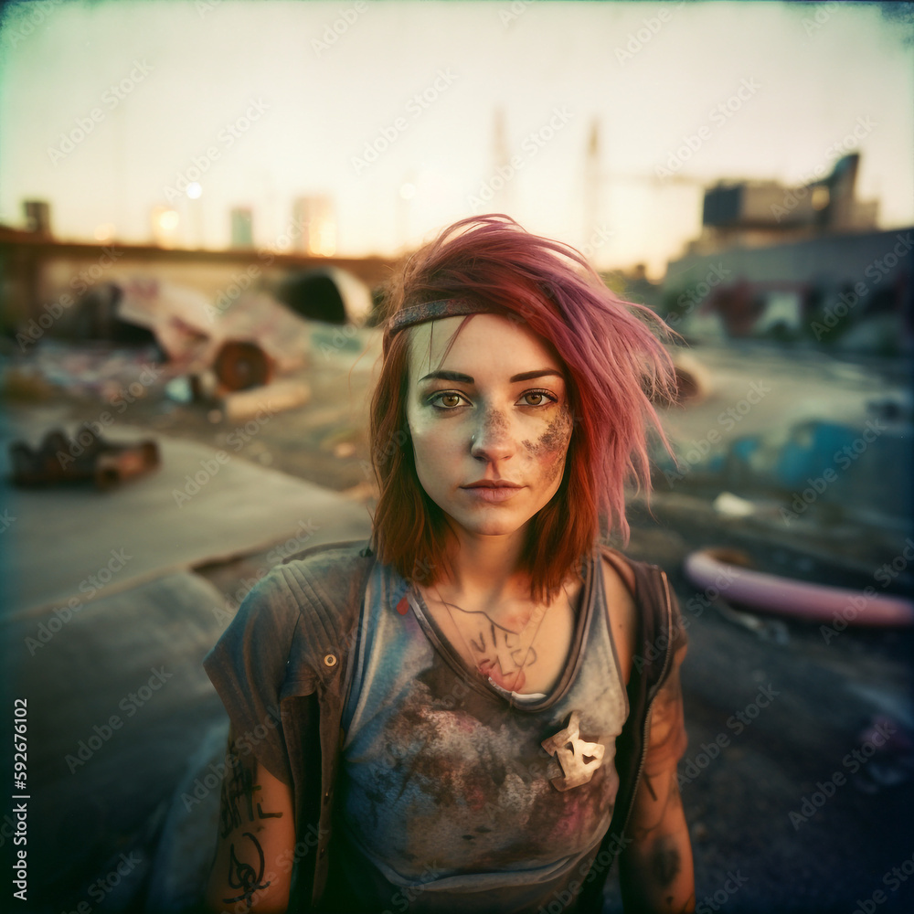 Generative ai portrait young woman survivor distopic future smiling ...