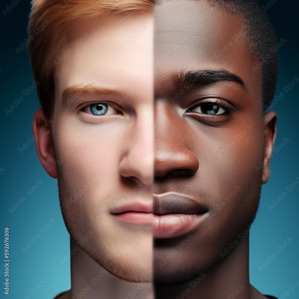 Generative ai diversity concept of two half face men, black and ...