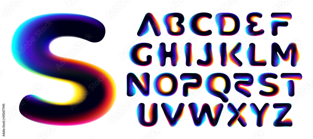 Alphabet set with neon glitch. Multicolor gradient signs with double ...
