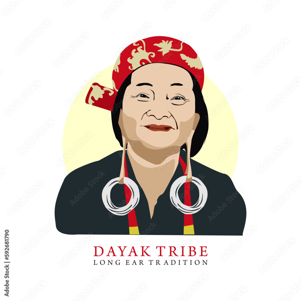 Vector Illustration of Dayak Tribe from Indonesia. Long Ear Tradition ...