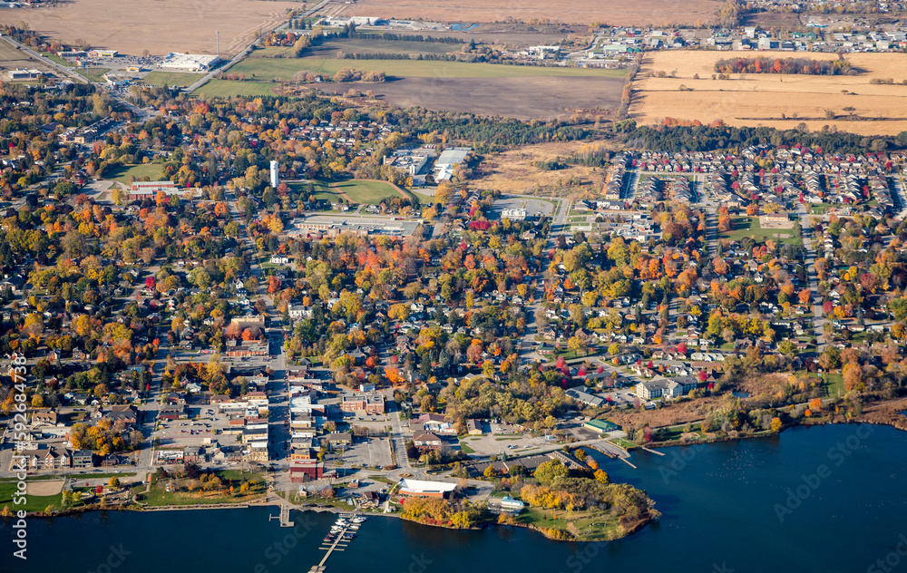 An aerial view of downtown Port Perry, a small town in Ontario, Canada ...