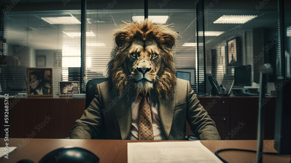 A stunning, ultra-realistic illustration of a lion wearing a suit and ...