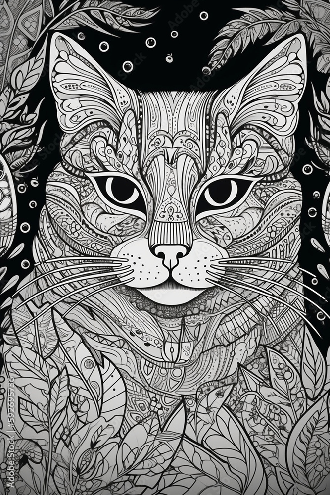 cat coloring page or tattoo Stock Illustration | Adobe Stock