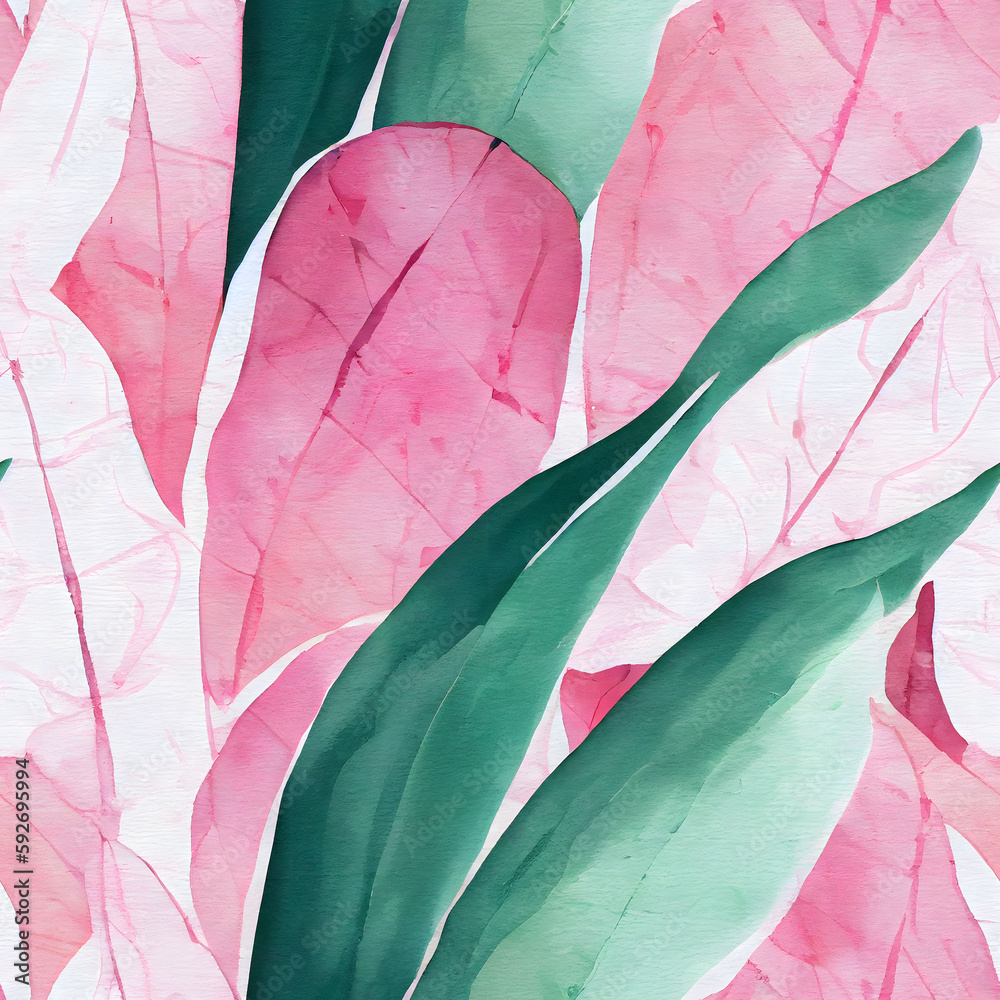 Abstract art background with leaves of tropical plants in pink color in ...