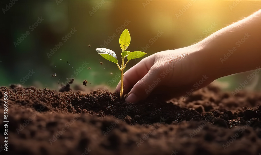 Hands of person planting tree seeds to the ground, ecology, green world ...