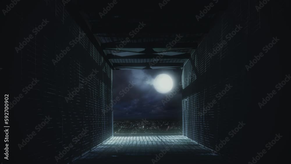 Moonlight City Skyline View Edge Tunnel Grid Zoom In Full Moon ...