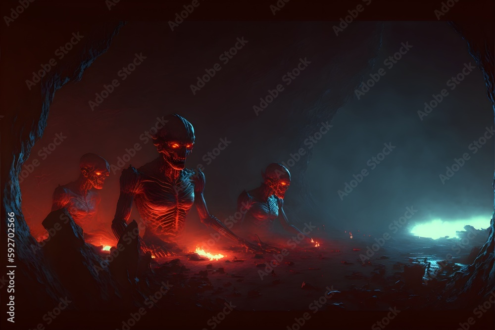 morphed human creatures sitting in pack near underground cavern lava ...