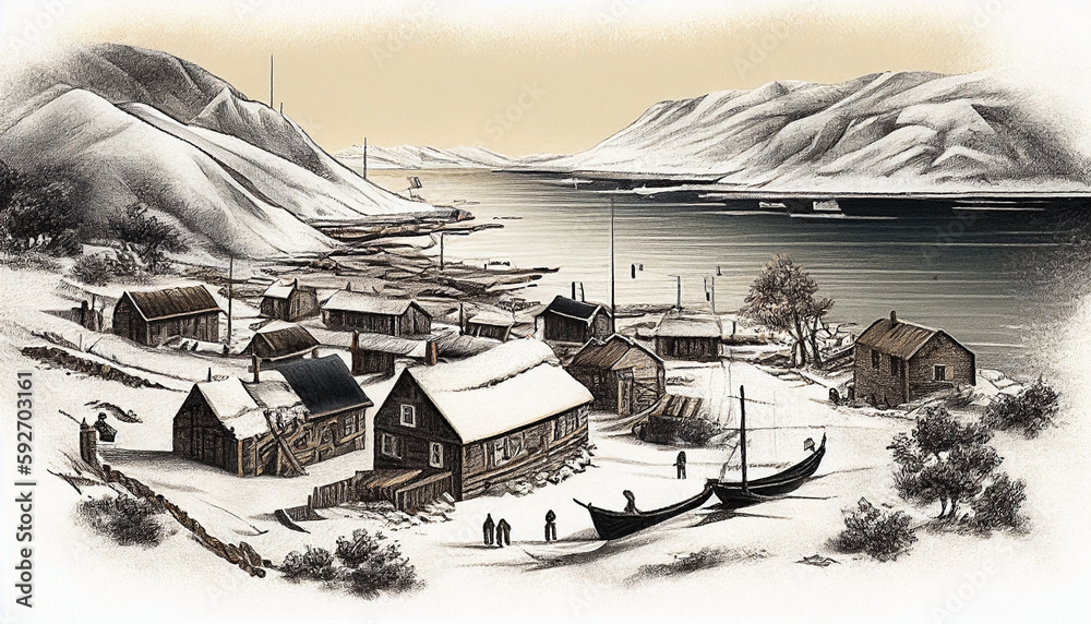 settlements and landscape in greenland. drawing illustration. AI ...