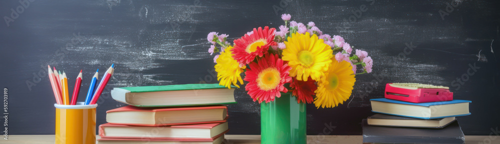 Teachers day. Flowers on teacher desk close up, blur school classroom ...
